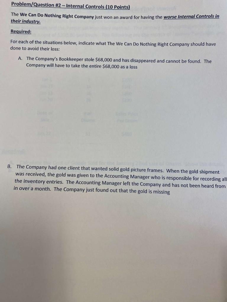 Solved Problem/Question #2 - Internal Controls (10 Points) | Chegg.com