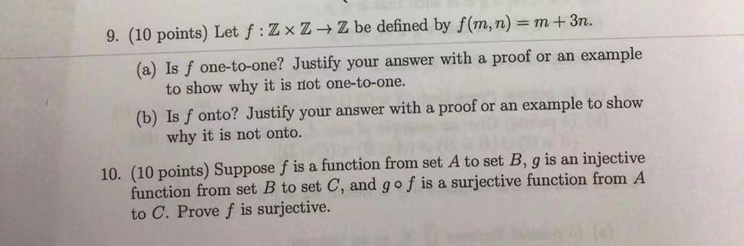 Solved 9. (10 points) Let f:Z Z → Z be defined by f(m, n) = | Chegg.com