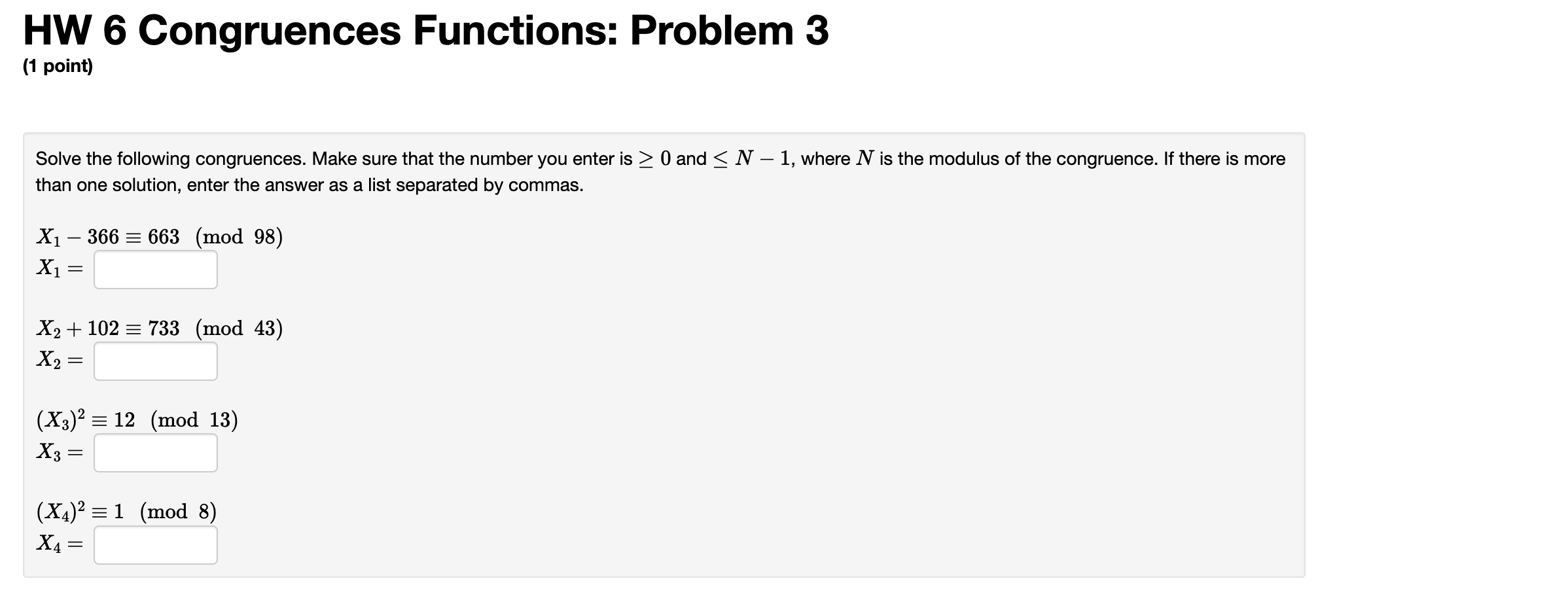 Solved HW 6 Congruences Functions: Problem 3 (1 point) Solve | Chegg.com