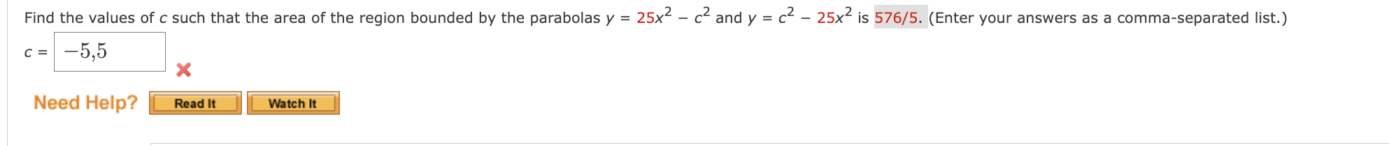 Solved Find the values of c such that the area of the region | Chegg.com