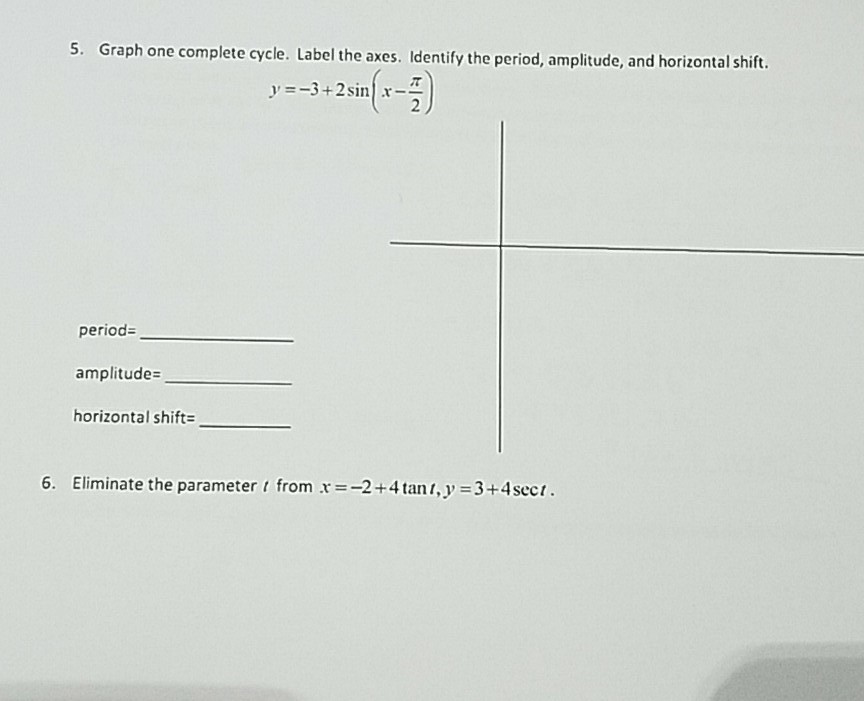 Solved 5. Graph one complete cycle. Label the axes. Identify | Chegg.com