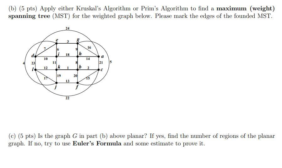 Solved (b) (5 pts) Apply either Kruskal's Algorithm or | Chegg.com