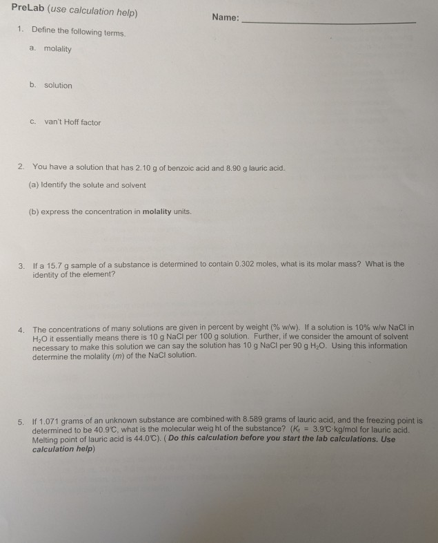 Solved PreLab (use calculation help) Name: 1. Define the | Chegg.com