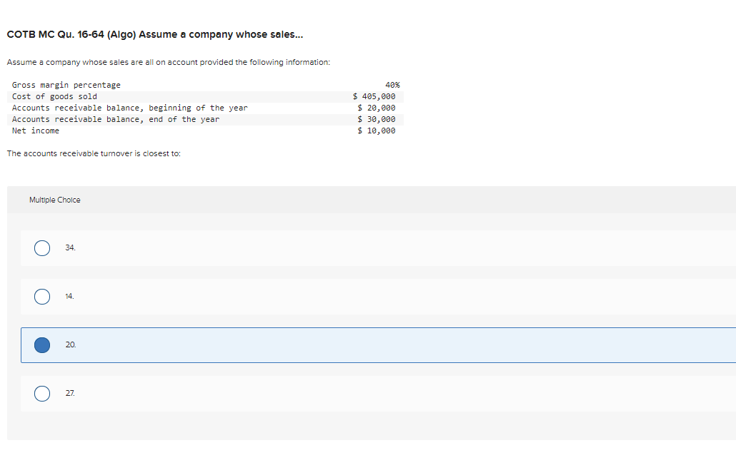 Solved COTB MC Qu. 16-64 (Algo) Assume a company whose | Chegg.com