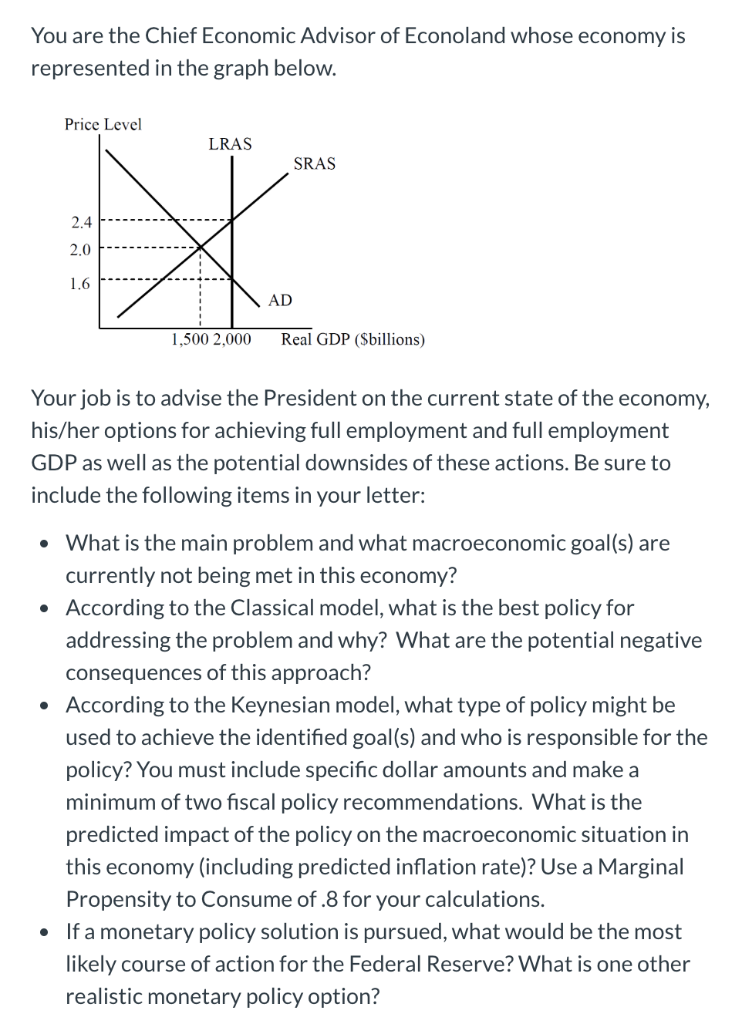 Solved You are the Chief Economic Advisor of Econoland whose | Chegg.com