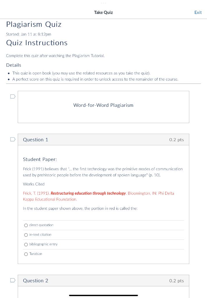 Complete this quiz after watching the Plagiarism | Chegg.com