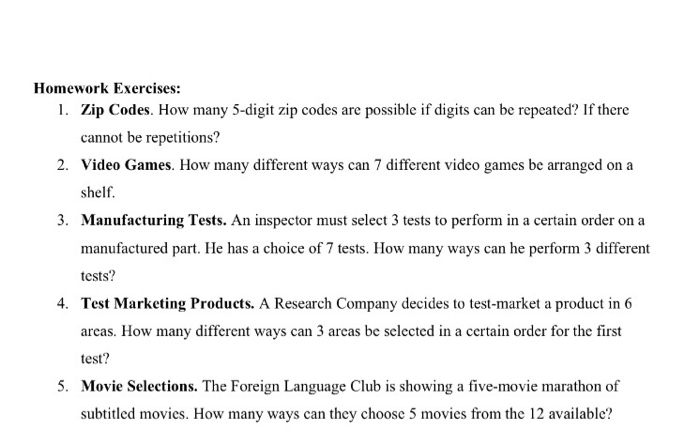 Solved Homework Exercises: Zip Codes. How many 5-digit zip | Chegg.com