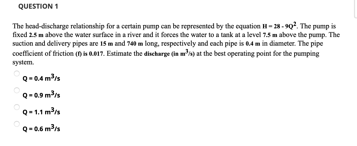 Solved QUESTION 1 The head-discharge relationship for a | Chegg.com