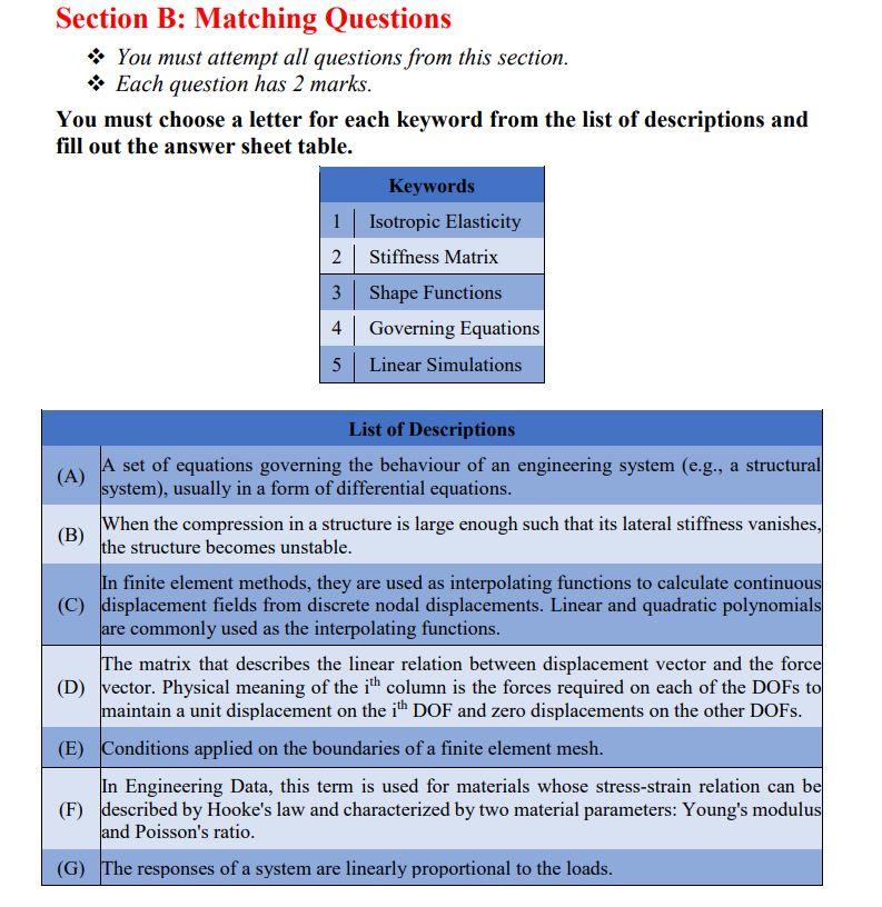 Solved Section B: Matching Questions * You must attempt all | Chegg.com