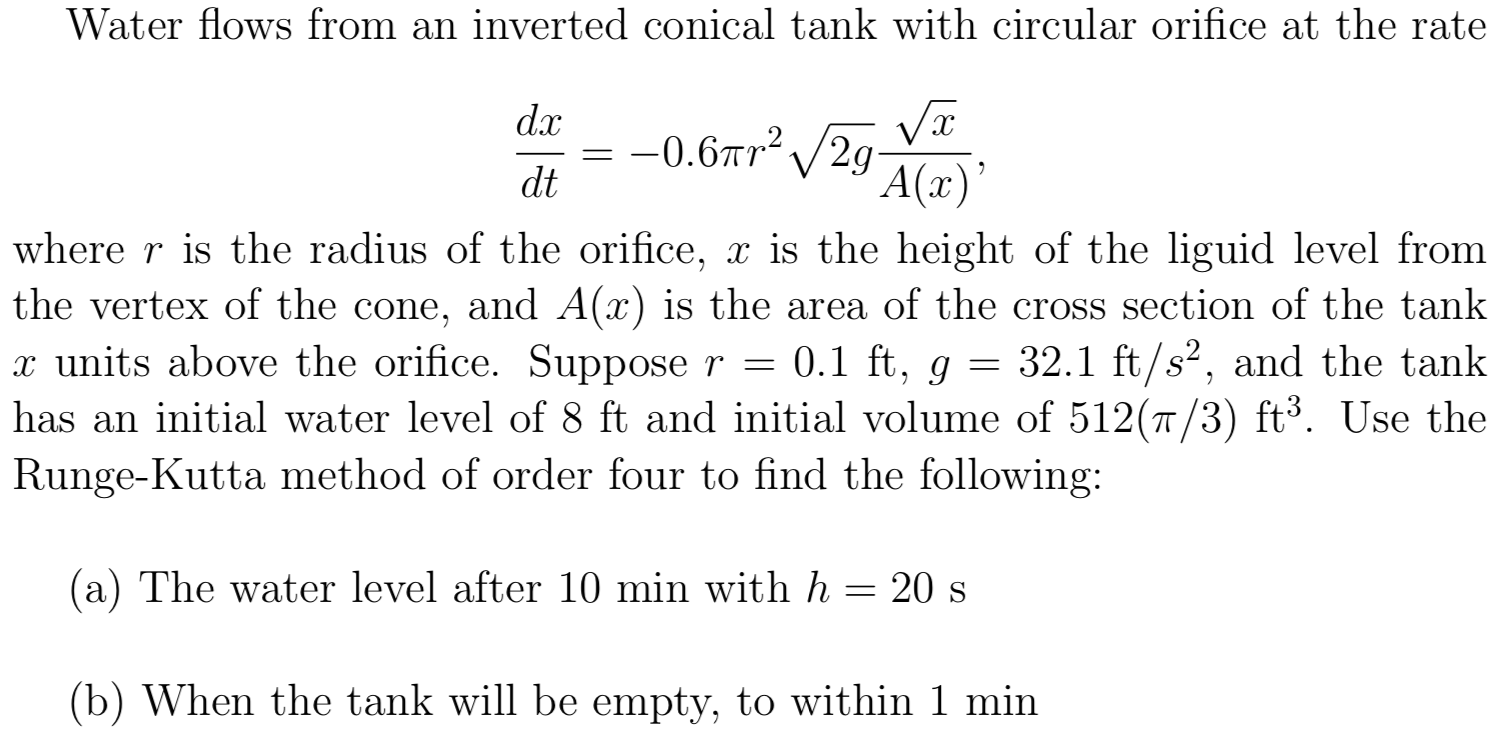 Water flows from an inverted conical tank with | Chegg.com