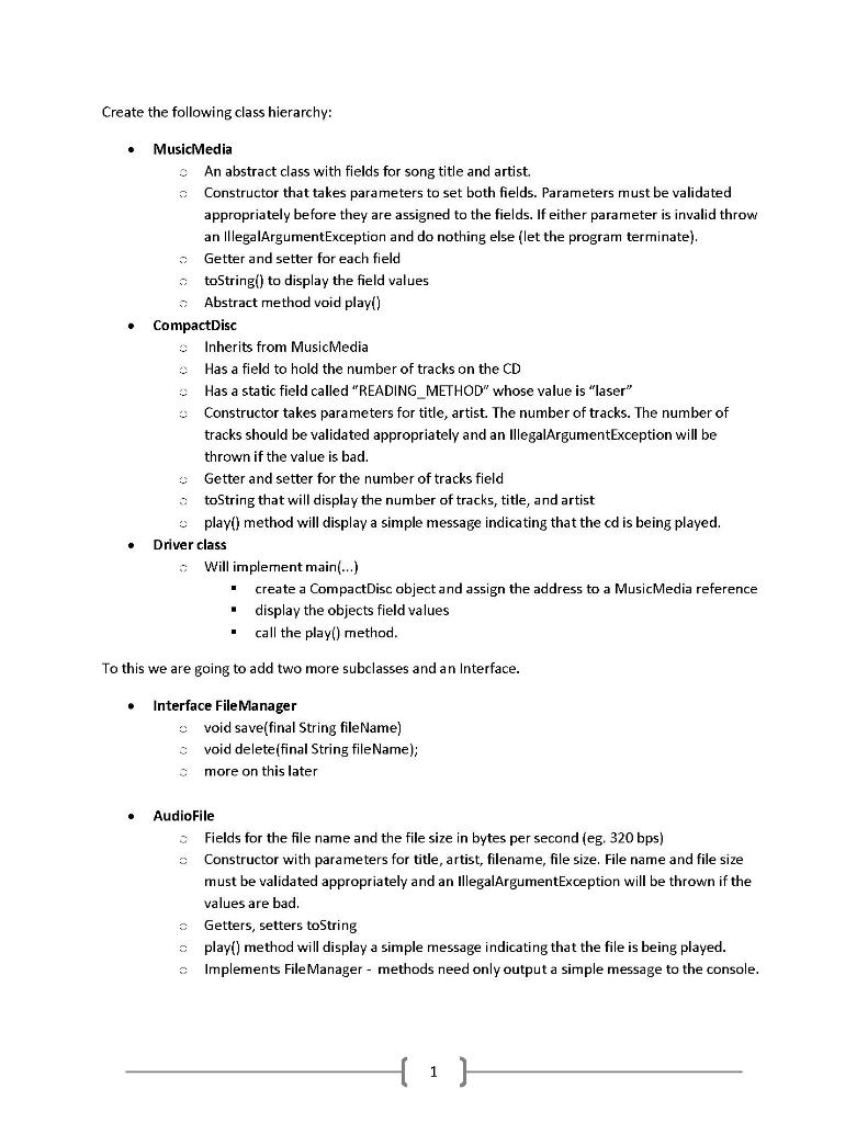 Solved Create the following class hierarchy: - MusicMedia - | Chegg.com