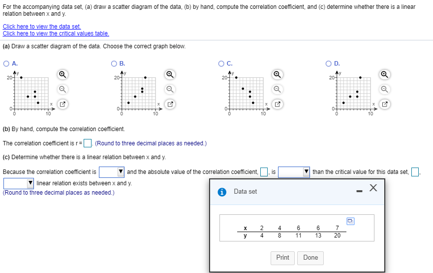 Solved For the accompanying data set, (a) draw a scatter | Chegg.com