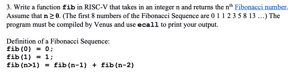 3. Write a function fib in RISC-V that takes in an | Chegg.com