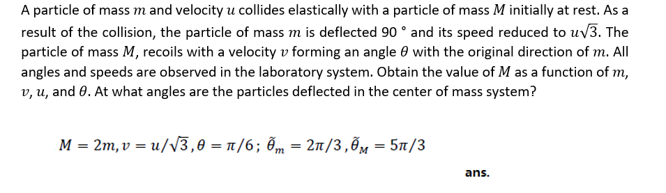 Solved A particle of mass m and velocity u collides | Chegg.com