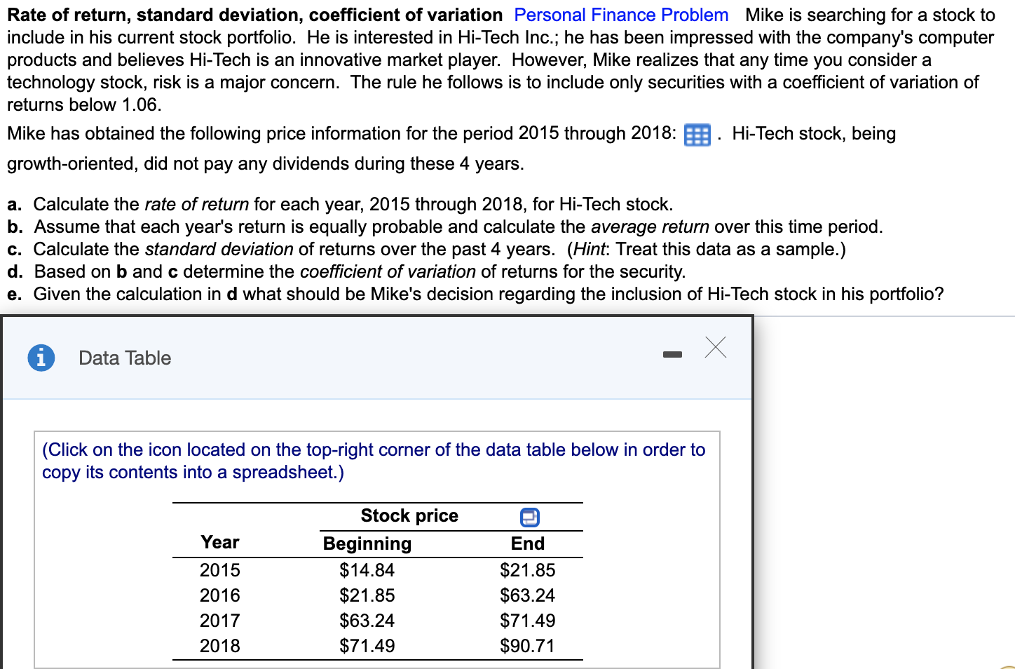 Solved Rate of return, standard deviation, coefficient of | Chegg.com