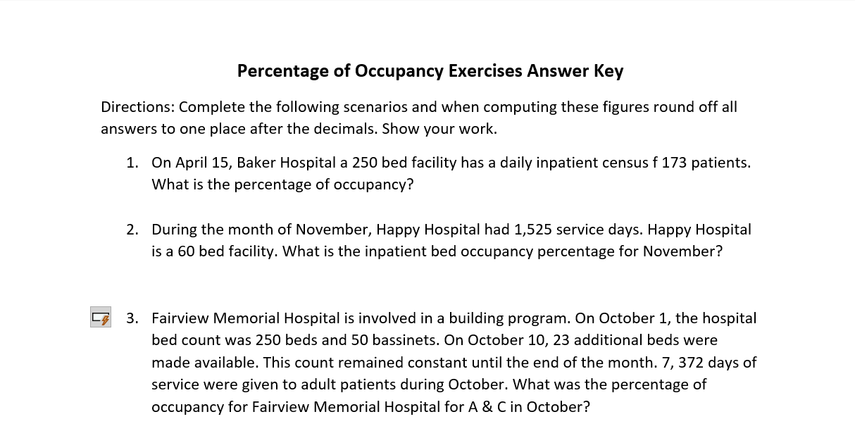 Percentage of Occupancy Exercises Answer Key | Chegg.com