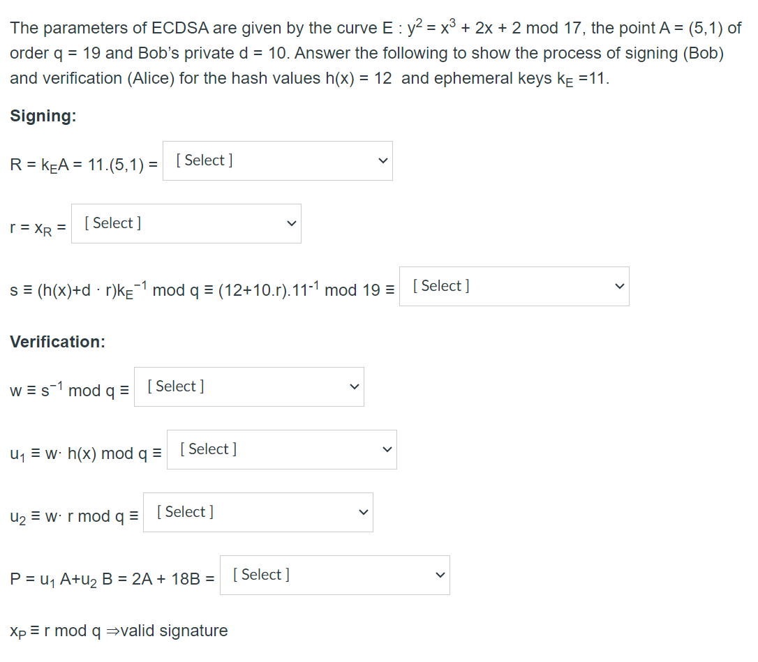 Solved The parameters of ECDSA are given by the curve | Chegg.com