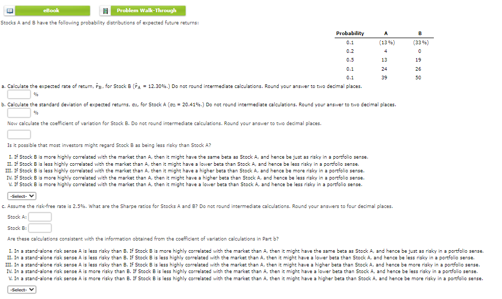 Solved Stocks A and B ﻿have the following probability | Chegg.com