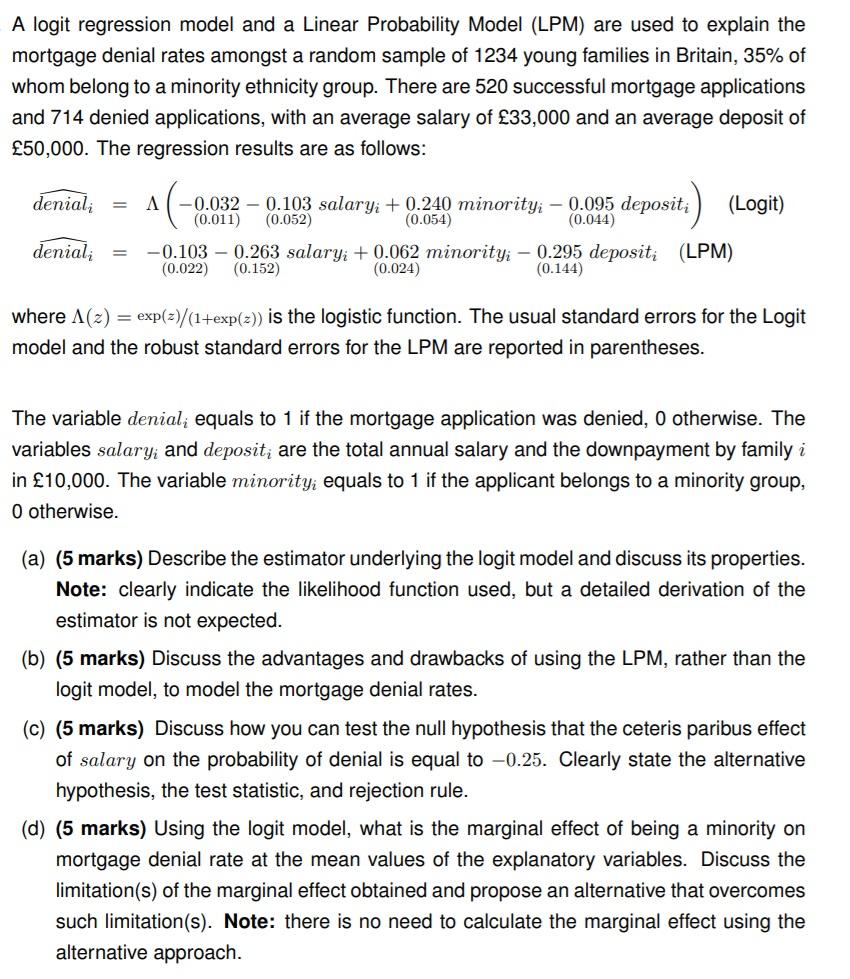 Solved A logit regression model and a Linear Probability | Chegg.com