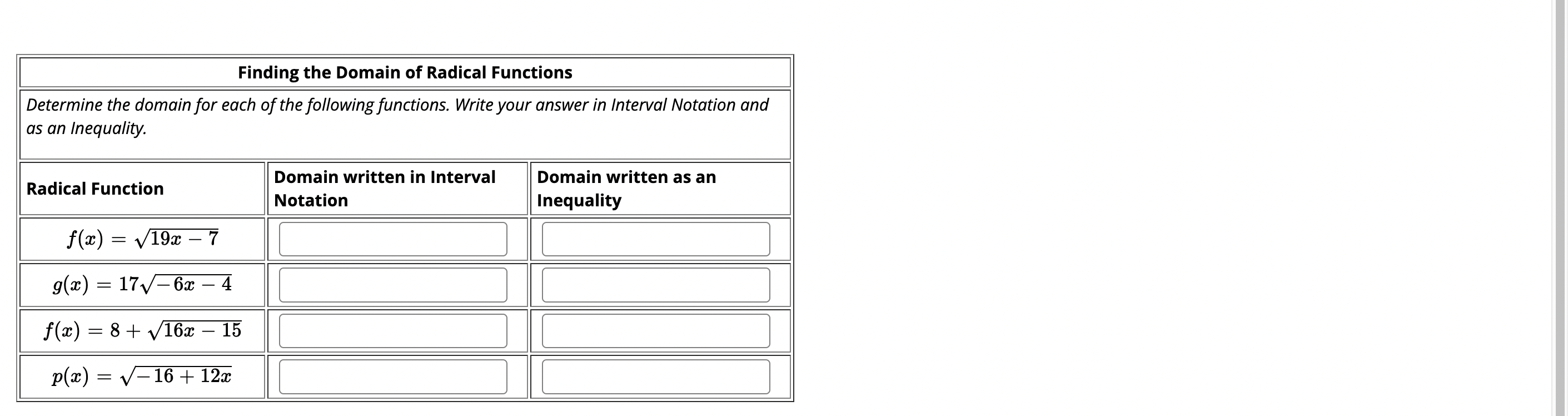 Solved Finding the Domain of Radical Functions Determine the | Chegg.com