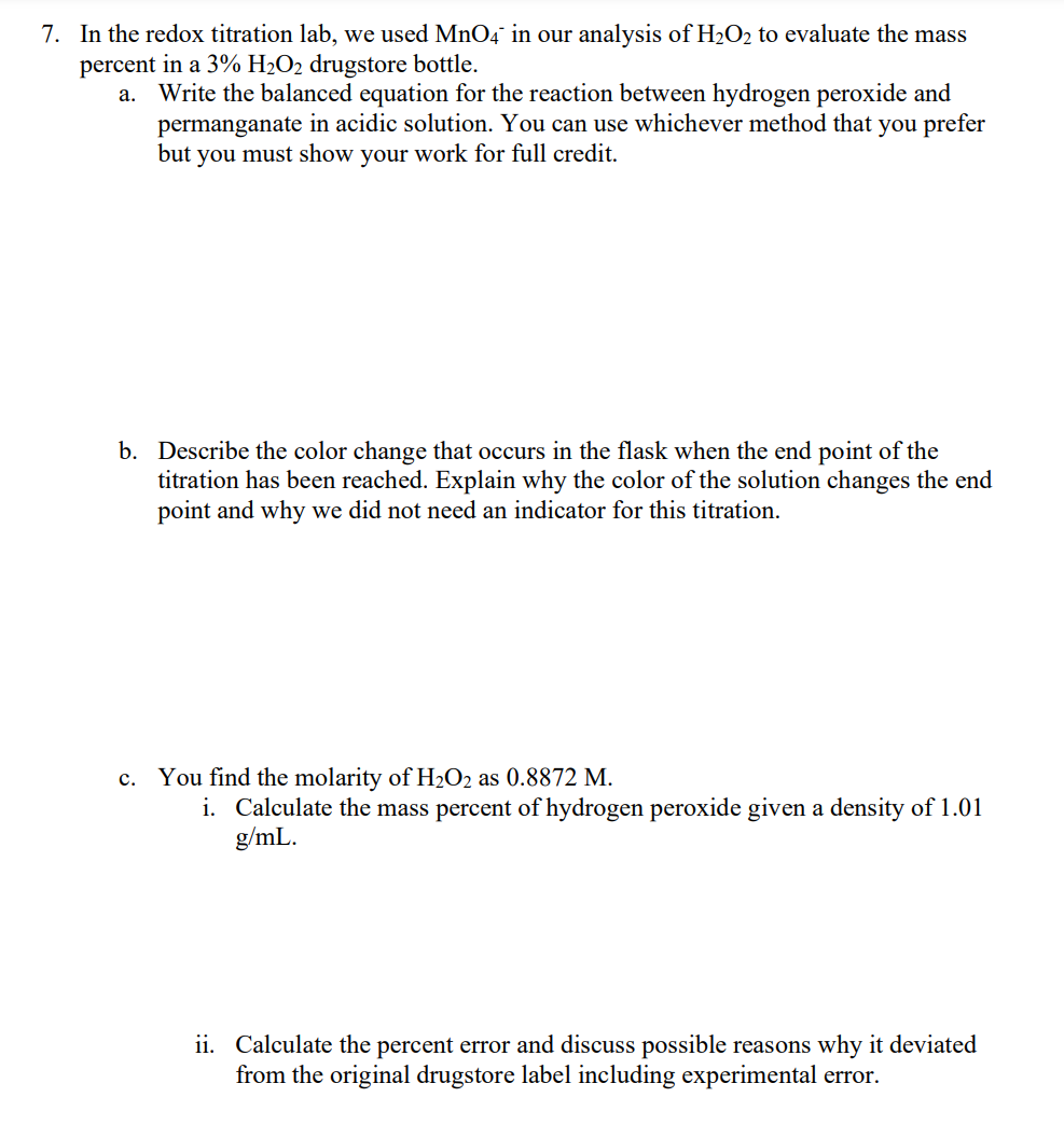 Solved 7. In the redox titration lab, we used MnO4−in our | Chegg.com