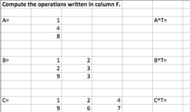Solved Compute the operations written in column F. 1 AAT= 9 | Chegg.com