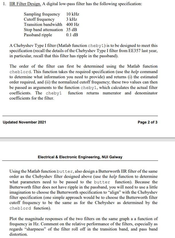 Solved 1. IIR Filter Design. A digital low-pass filter has | Chegg.com