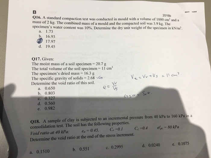Solved 2018b standard compaction test was conducted in mould | Chegg.com
