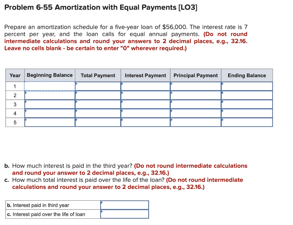 Solved Problem 6-55 Amortization with Equal Payments [LO3] | Chegg.com