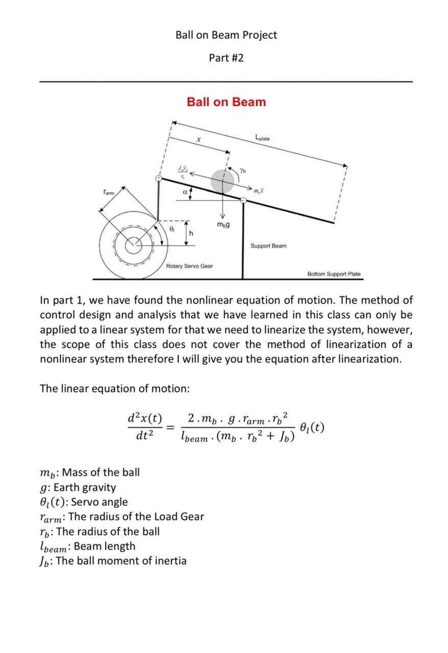 Ball on Beam Project Part #2 Ball on Beam Lplate J.X | Chegg.com