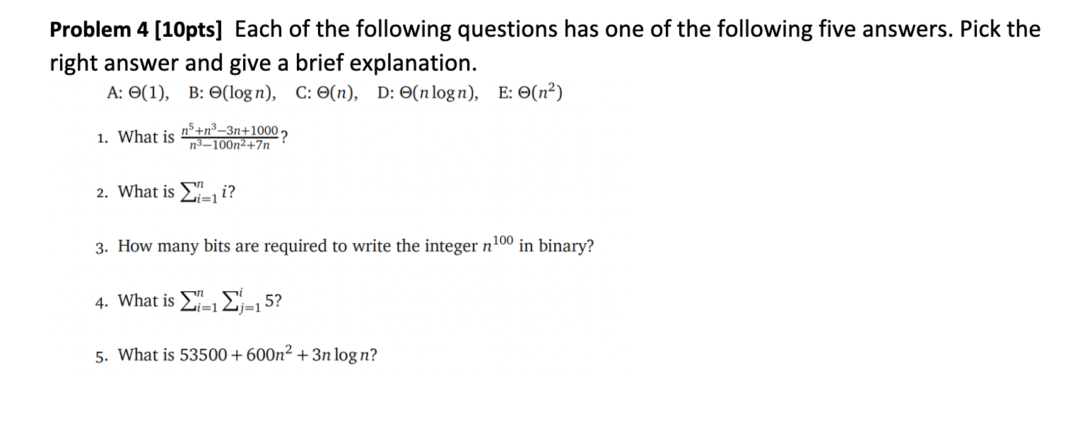 Solved Problem 4 [10pts] Each of the following questions has | Chegg.com