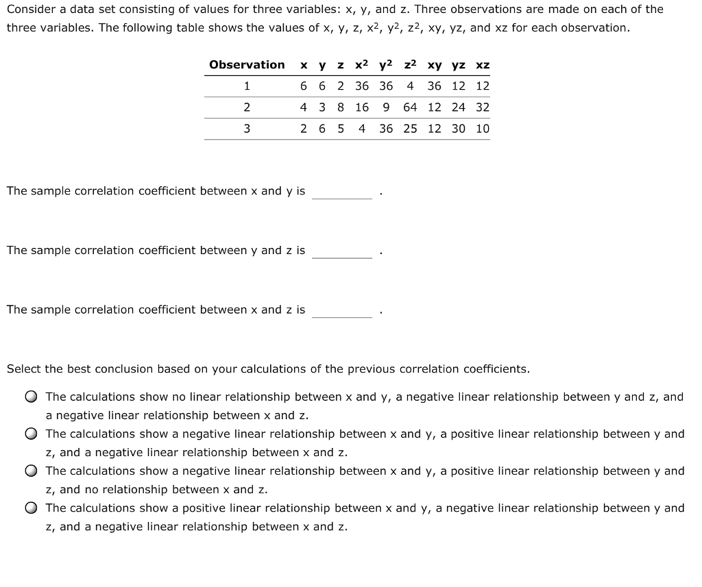 Solved Consider a data set consisting of values for three | Chegg.com