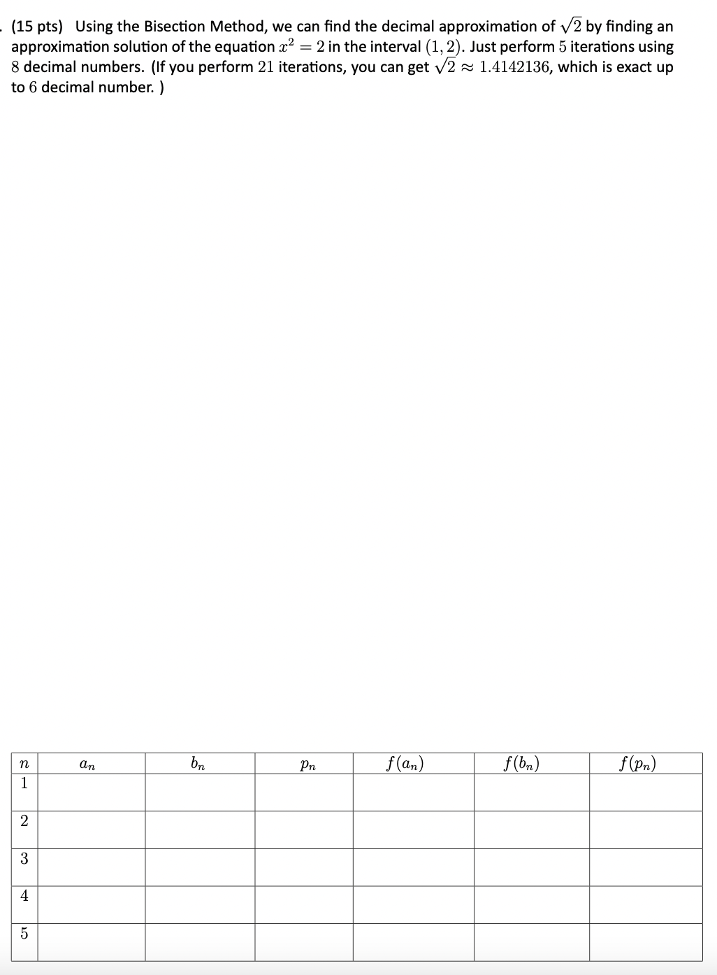 Solved (15 pts) Using the Bisection Method, we can find the | Chegg.com