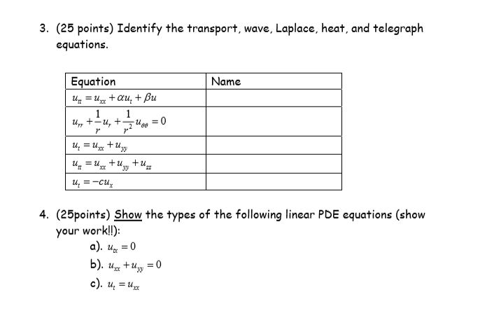 Solved 3. (25 points) Identify the transport, wave, Laplace, | Chegg.com
