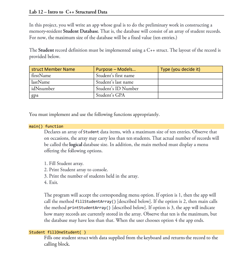 Solved Lab 12 - Intro to C++ Structured Data In this | Chegg.com