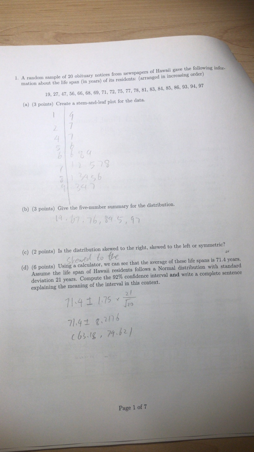 Solved 1. A random sample of 20 obituary notices from | Chegg.com