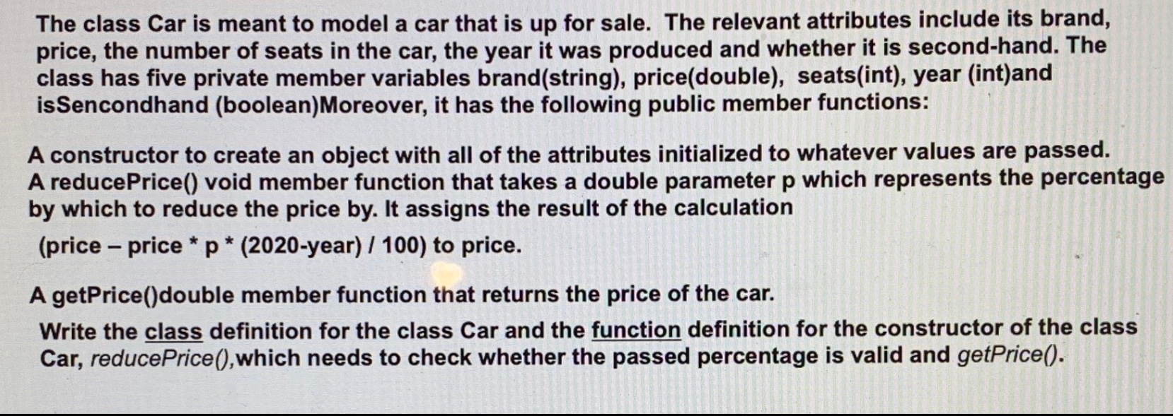 Solved The class Car is meant to model a car that is up for | Chegg.com