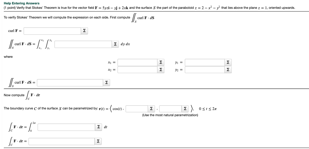 Help Entering Answers (1 point) Verify that Stokes' | Chegg.com
