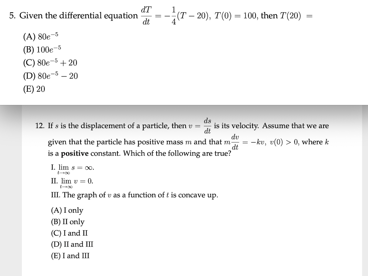 Solved 1 dT 5. Given the differential equation dt (T – 20), | Chegg.com