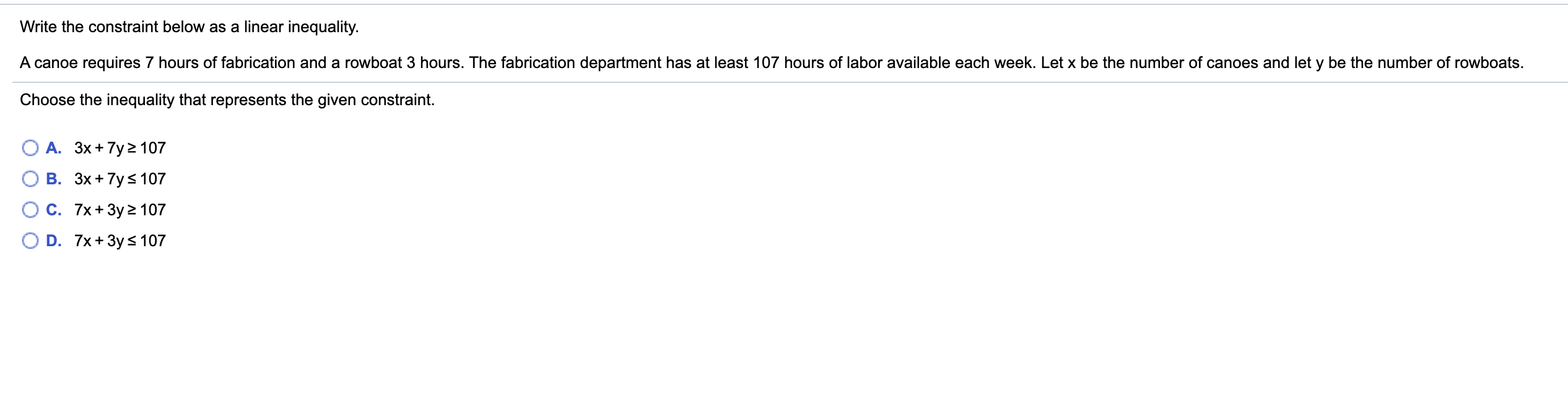 Solved Write the constraint below as a linear inequality. A | Chegg.com