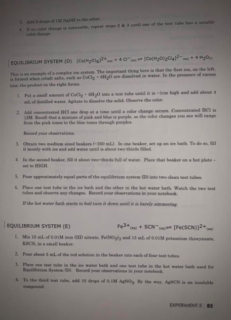 EXPERIMENT 5 CHEMICAL EQUILIBRIUM AND Le CHATELIER'S | Chegg.com
