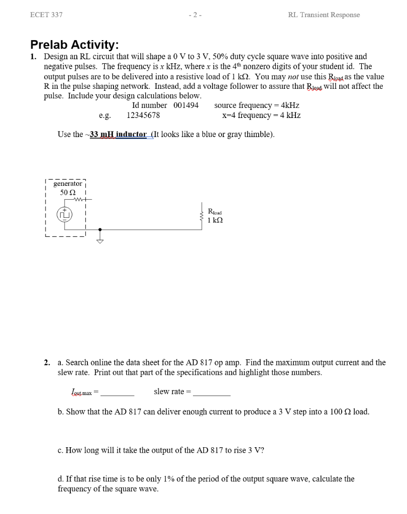 ECET 337 RL Transient Response Prelab Activity: 1. | Chegg.com