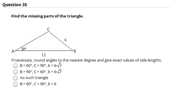 Solved Question 35 Find the missing parts of the triangle. | Chegg.com