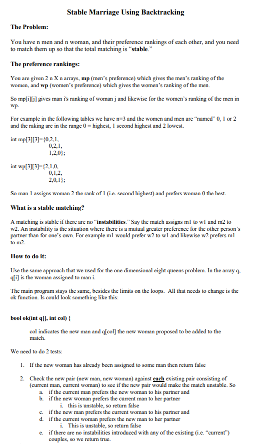 Solved Stable Marriage Using Backtracking The Problem: You | Chegg.com