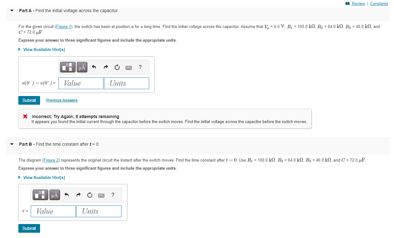 Solved Part A - Find the initial voltage across the | Chegg.com