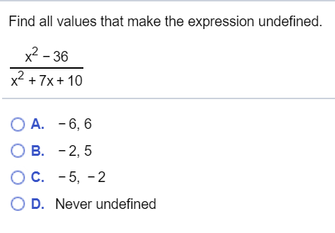 Solved Find all values that make the expression undefined. | Chegg.com