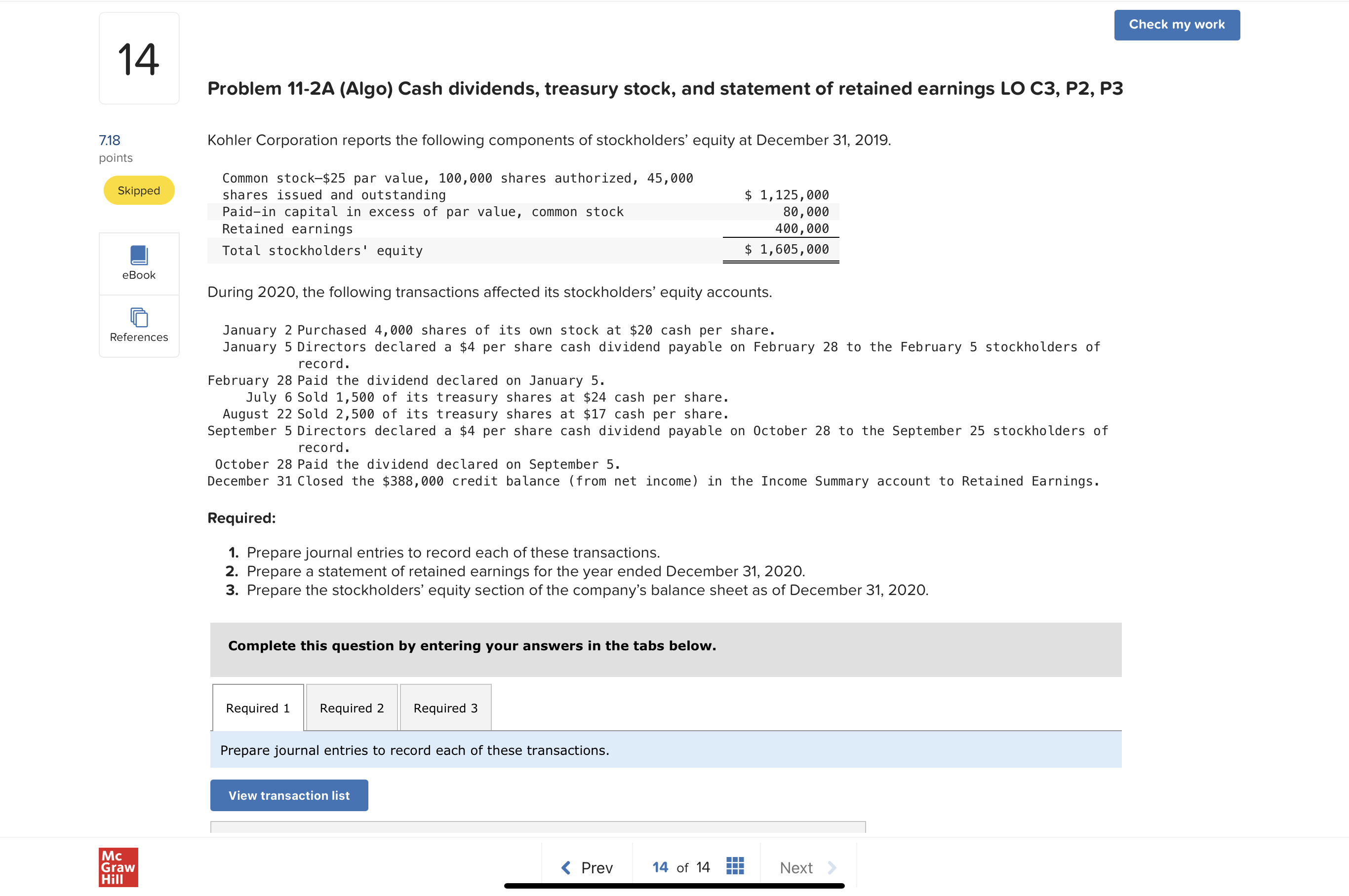 Solved Problem 11-2A (Algo) Cash dividends, treasury stock, | Chegg.com