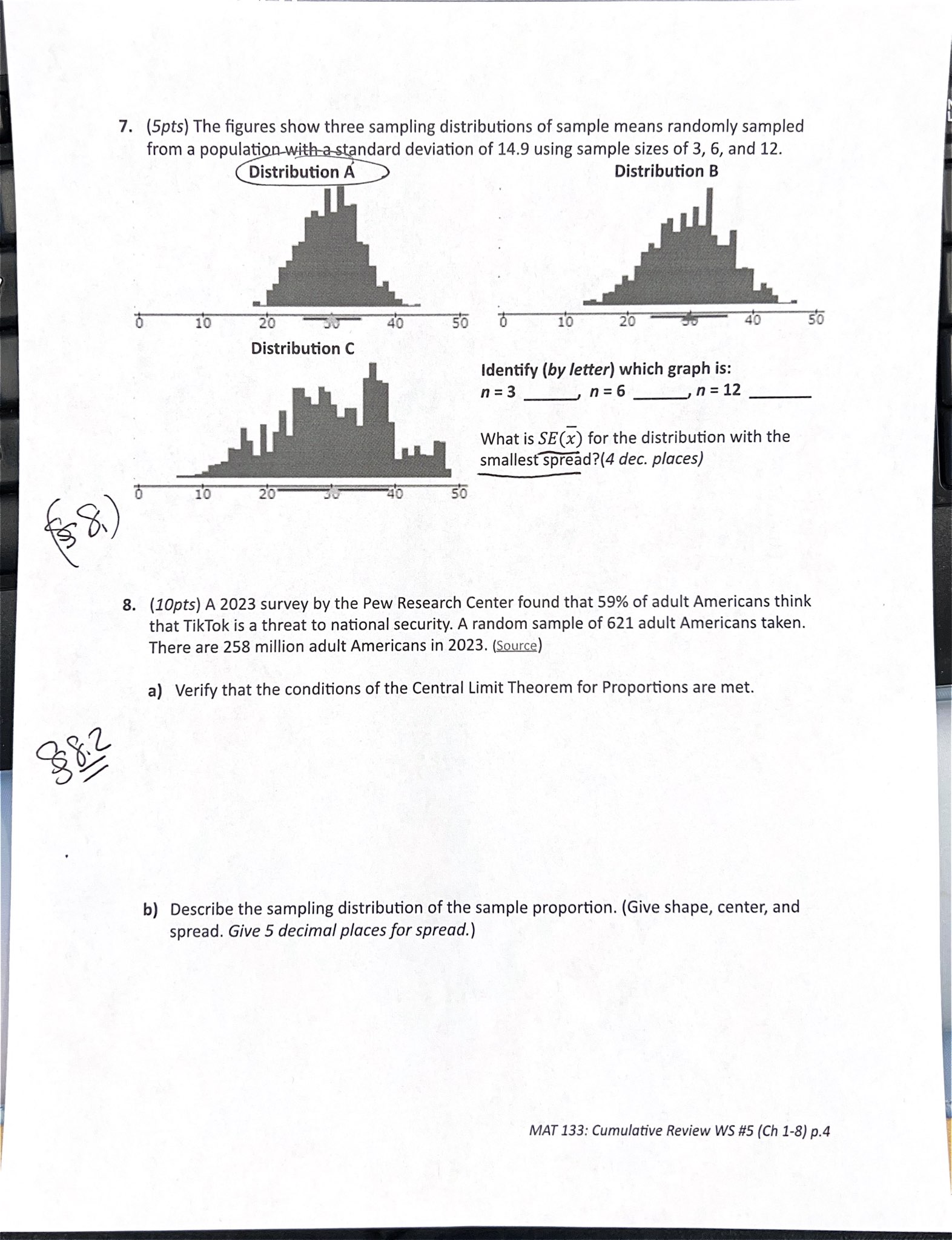 Solved (5pts) ﻿The figures show three sampling distributions | Chegg.com
