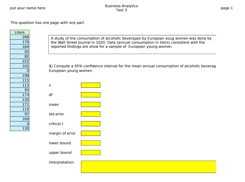 Solved put your name here Business Analytics Test 3 This | Chegg.com