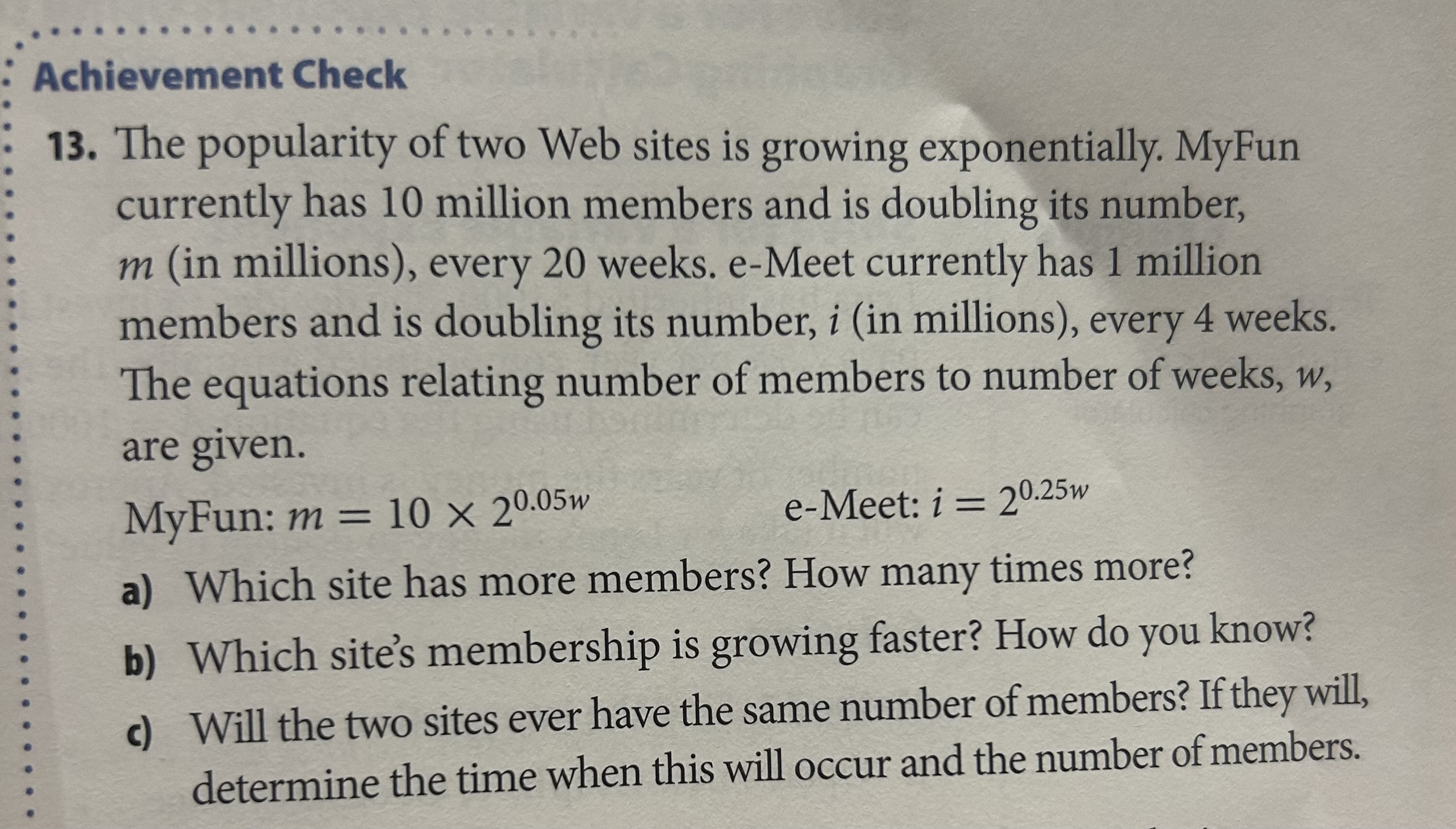 Solved 13. The popularity of two Web sites is growing | Chegg.com